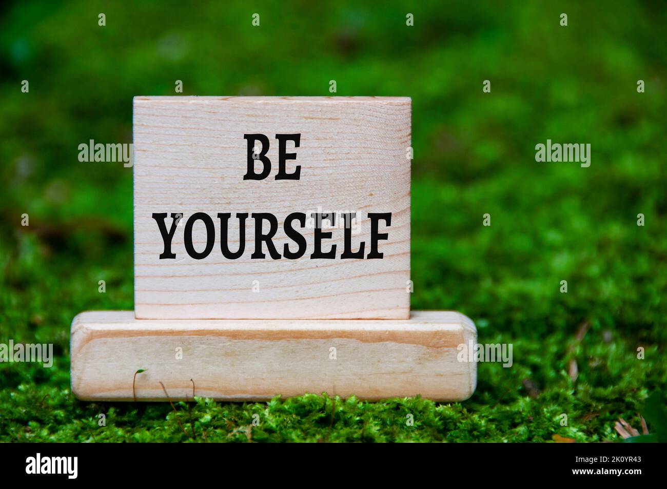 Be yourself text on wooden block with green nature background ...