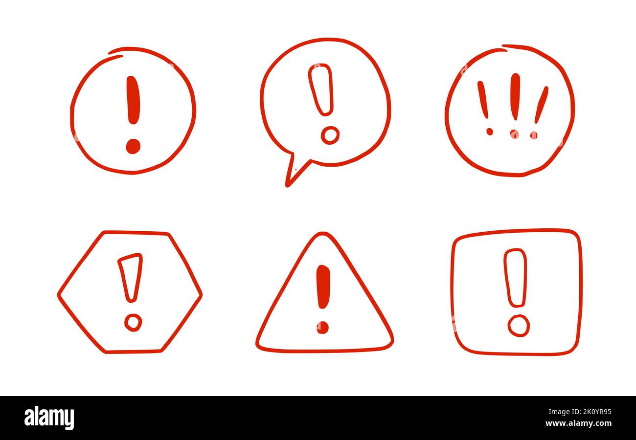 Hand drawn exclamation mark, alert sign set. Scribble doodle ...