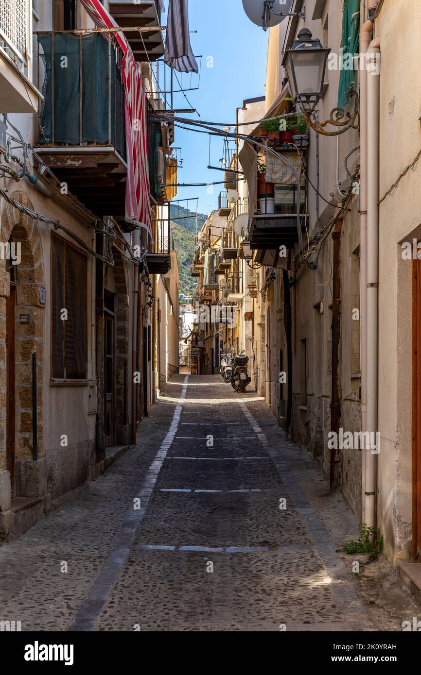 Cefalu, Sicily - Italy - July 7, 2020: Small typical street in Cefalu ...