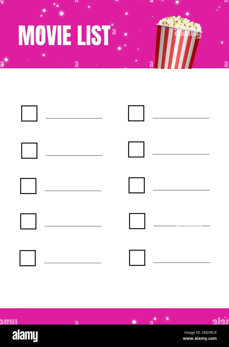 Composition of movie list text over popcorn Stock Photo - Alamy