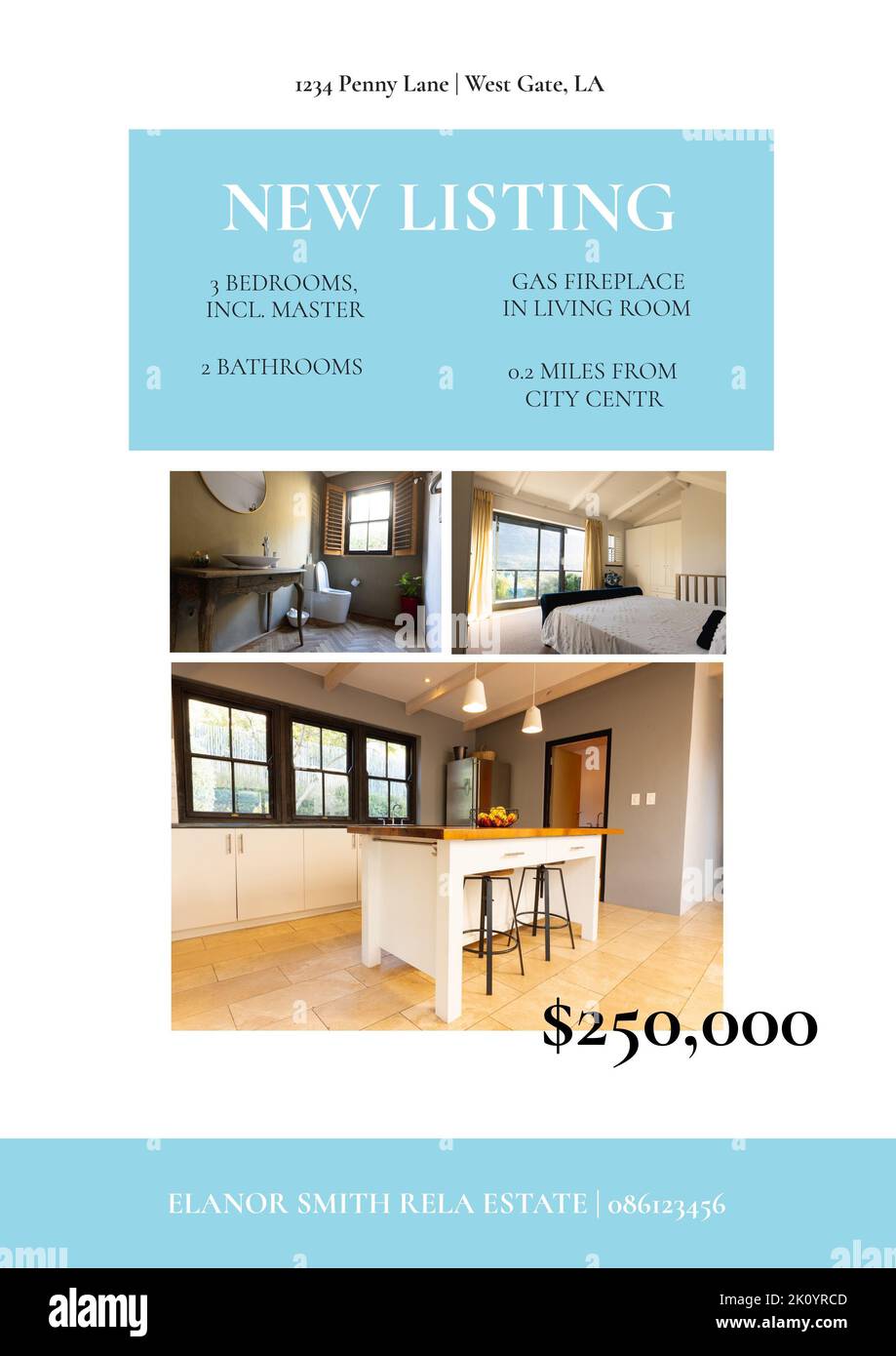 Composition of new listing text with house interior on white background ...