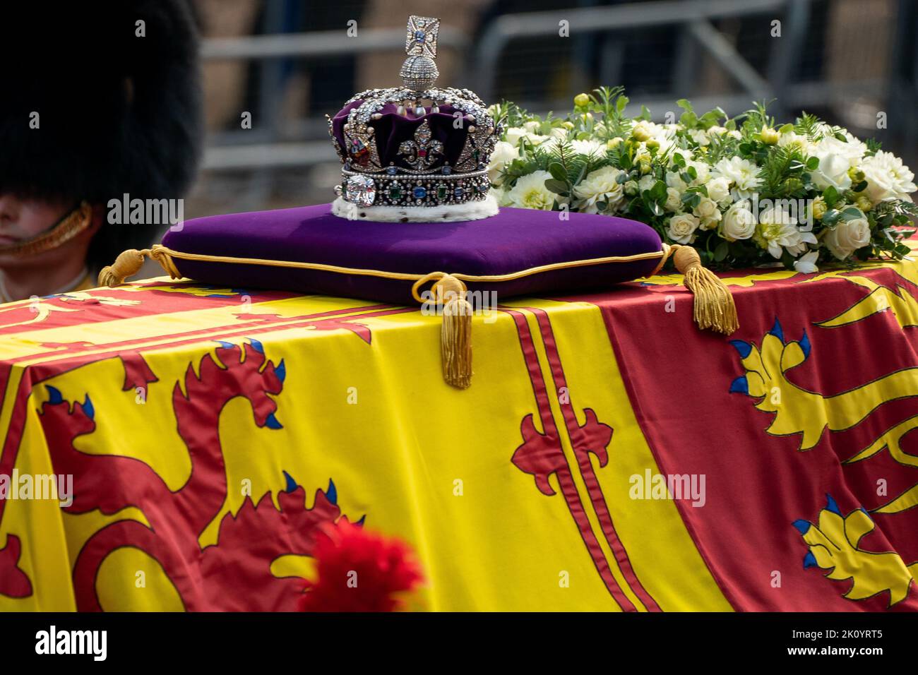 The coffin of Queen Elizabeth II, draped in the Royal Standard with the ...