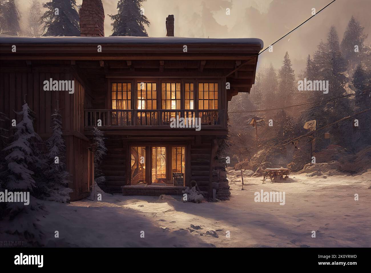 A wooden house in the snowy woods with lit lights at night Stock Photo ...