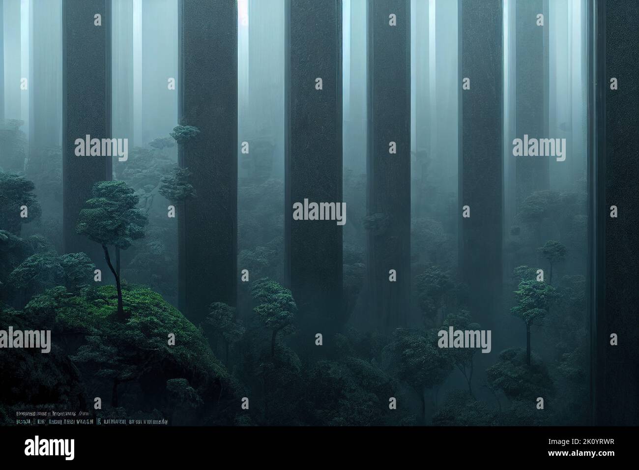 A 3D render of a futuristic forest with granite columns covered in a ...