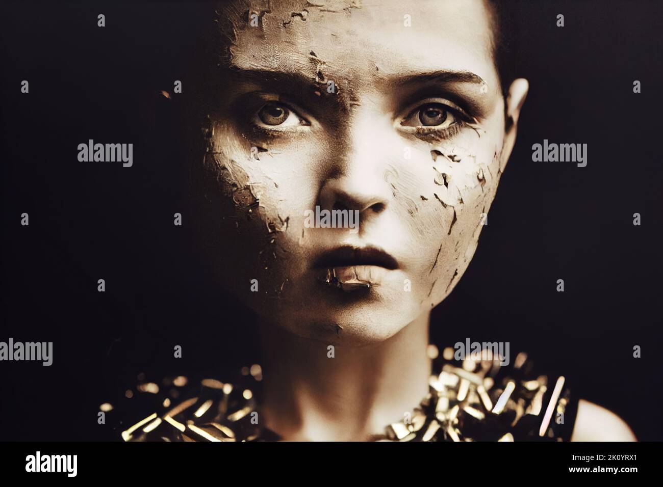 A 3D rendered portrait of a young woman with damaged skin on her face ...