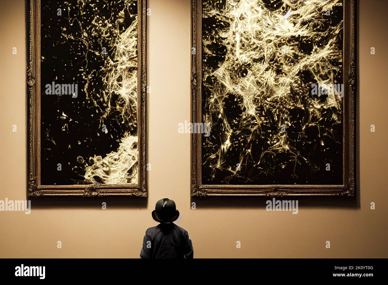 A person looking at the framed paintings with splashed white paint in ...