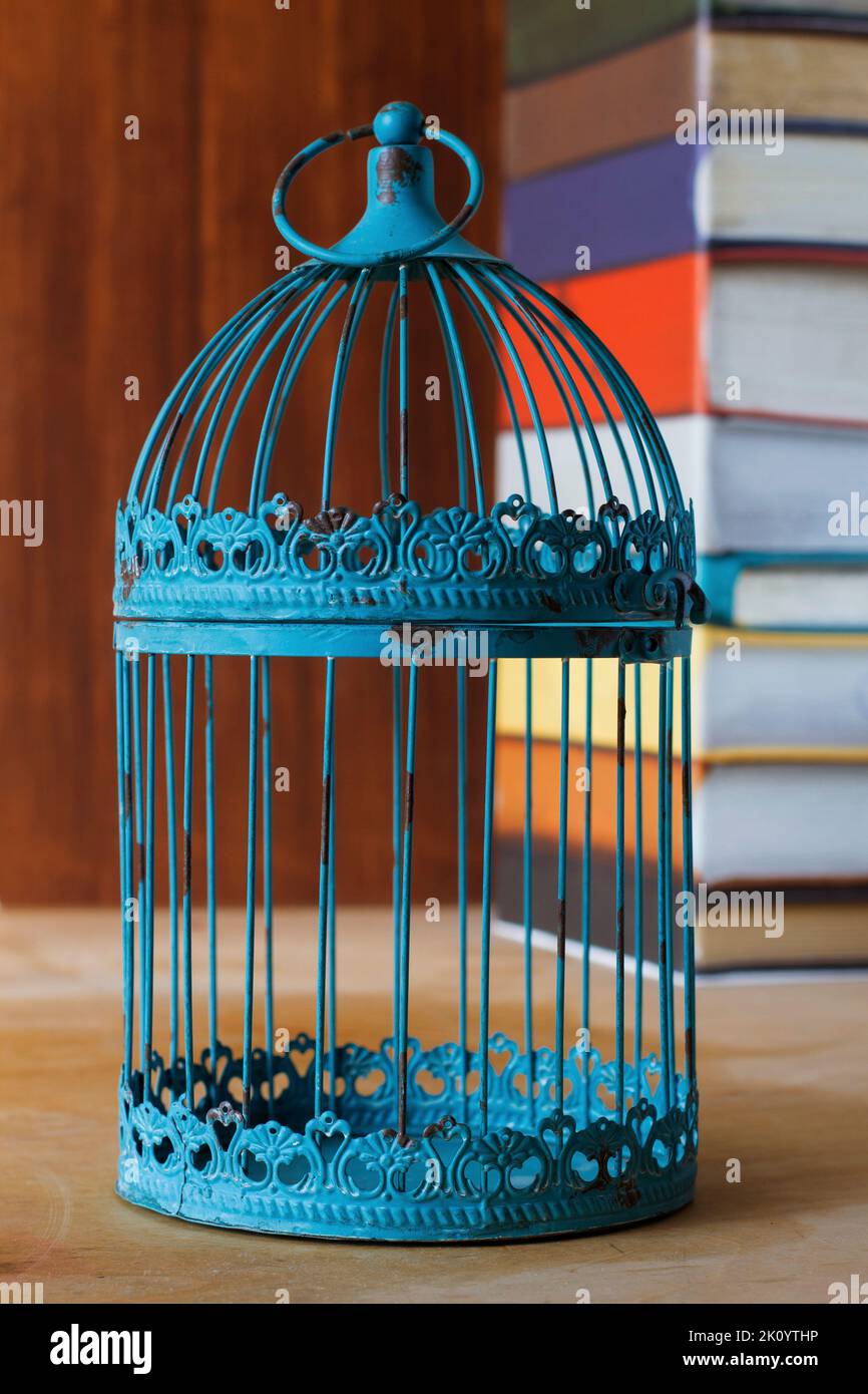 A blue bird cage on the table Stock Photo - Alamy