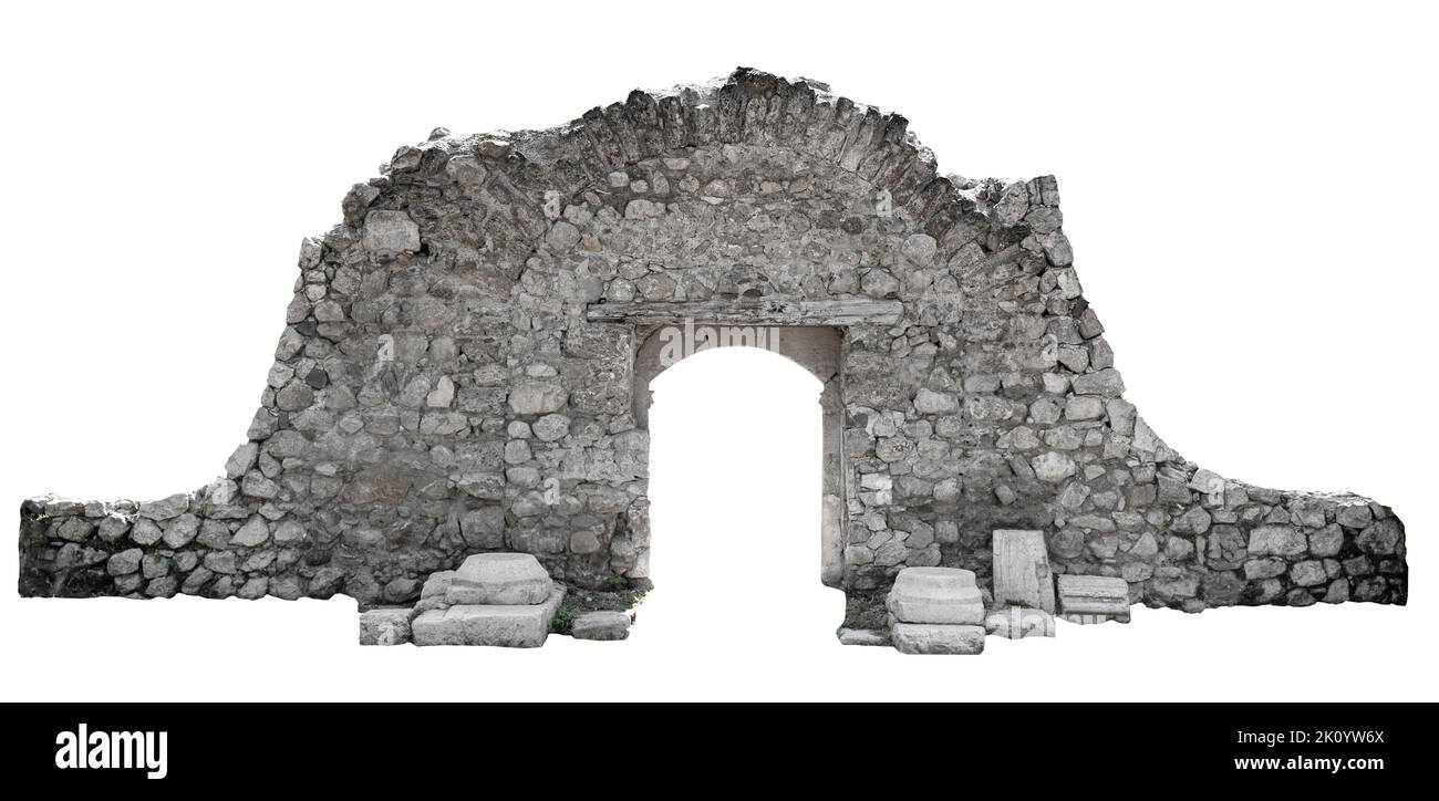 front view closeup of ancient door with architectural stone arcade ...