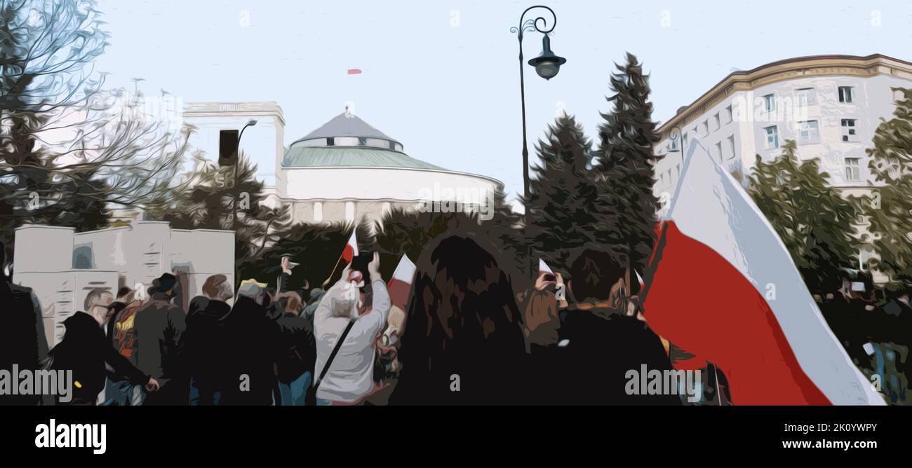 Outdoor wide panoramic photo Illustration of angry pro-democracy ...