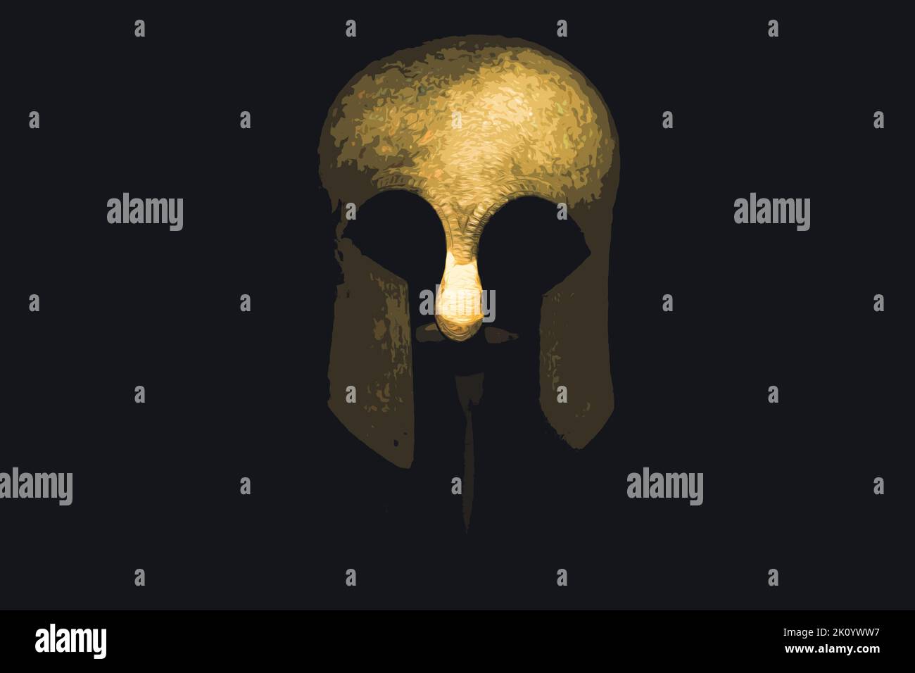 Illustration of shiny ancient Greek metal helmet over black background ...
