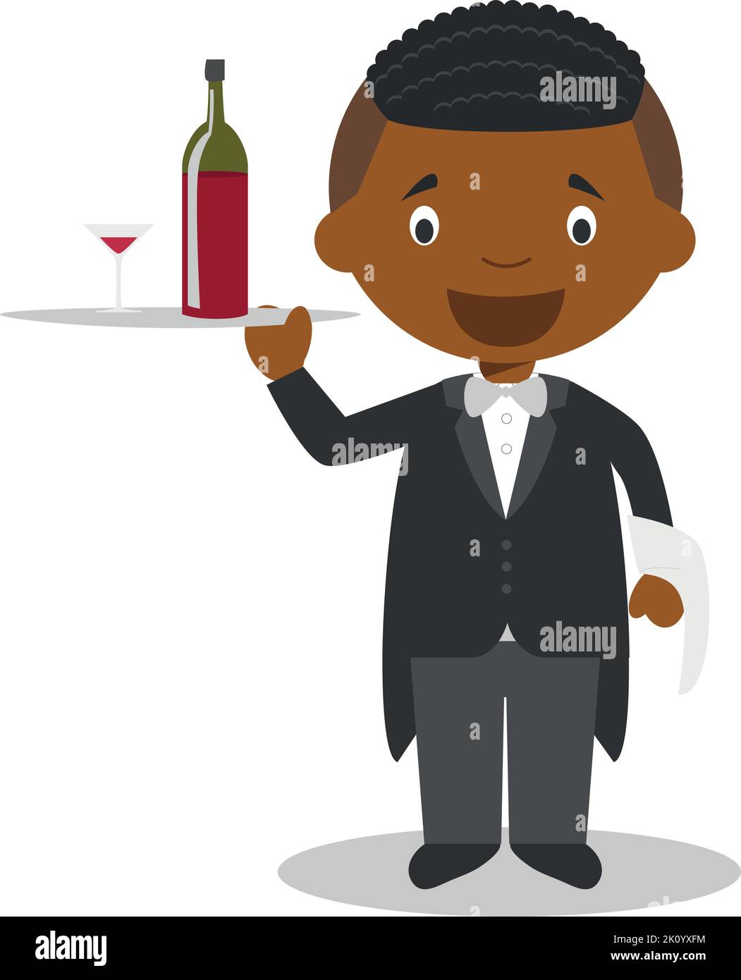 Cute cartoon vector illustration of a black or african american waiter ...