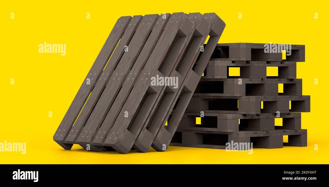 Set of wooden pallet for warehouse cargo storage isolated on yellow ...