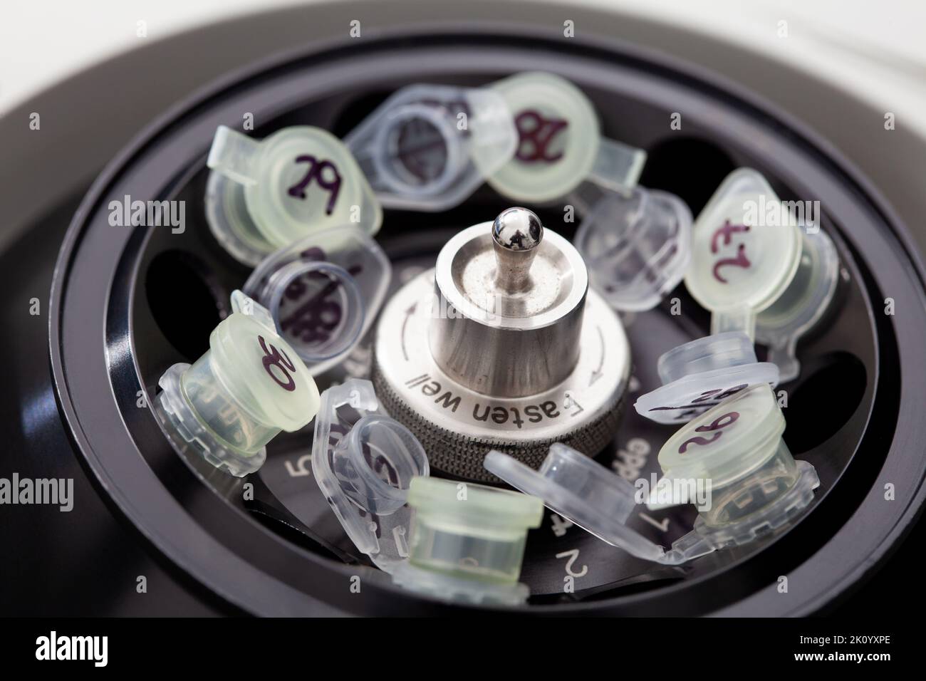 Table centrifuge filled with tubes. Spin column-based nucleic acid ...