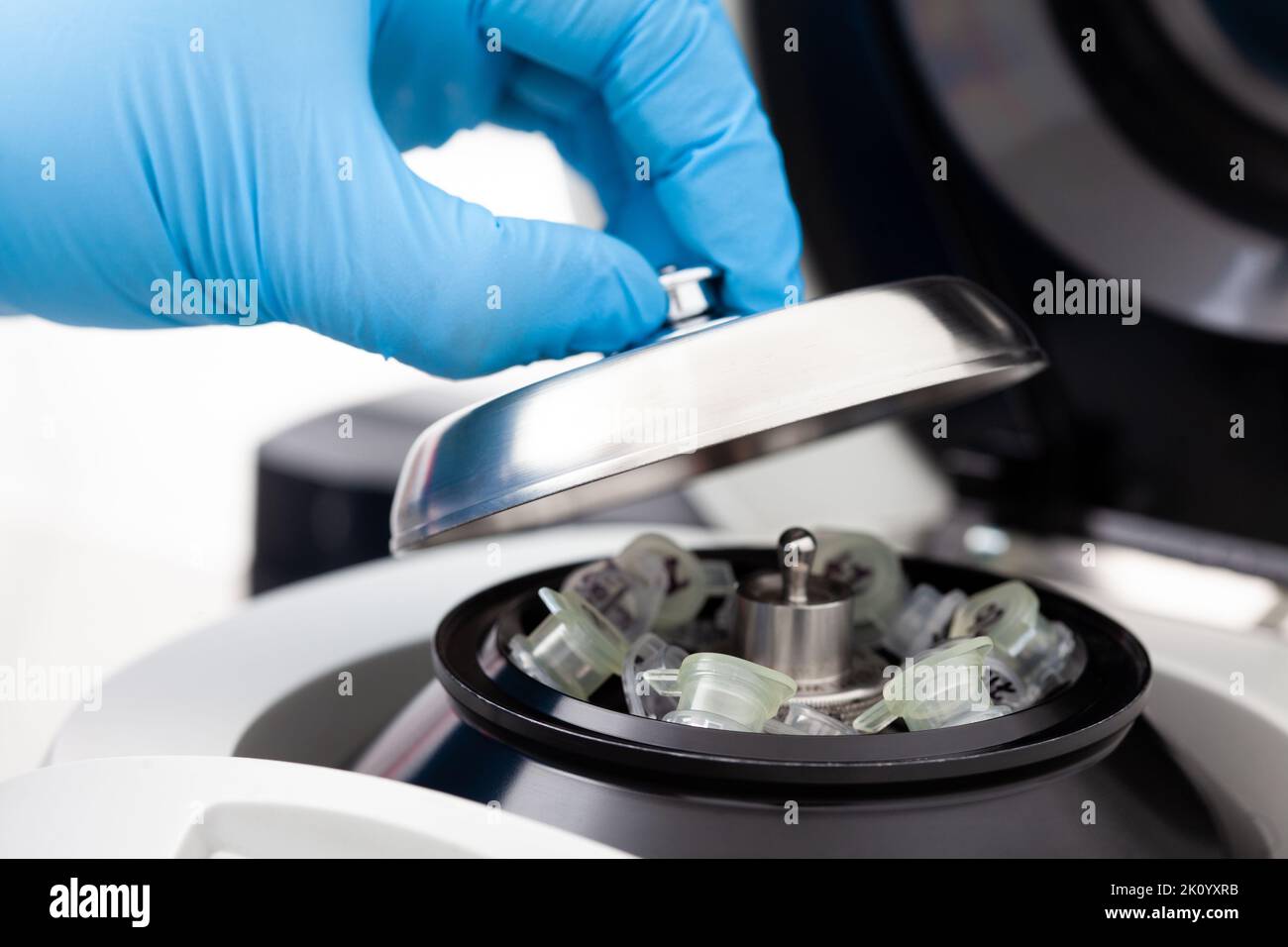 Closeup of a scientist closing an small table centrifuge filled with ... Closeup of a scientist closing an small table centrifuge filled with ...