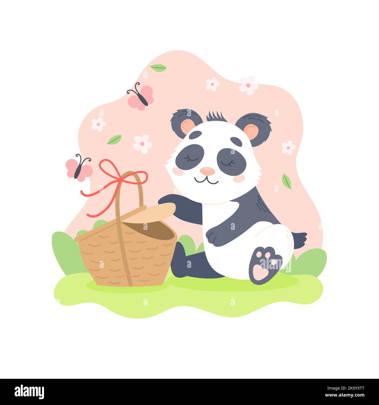 Pand with picnic basket. Spring character outdoors with butterflies ...