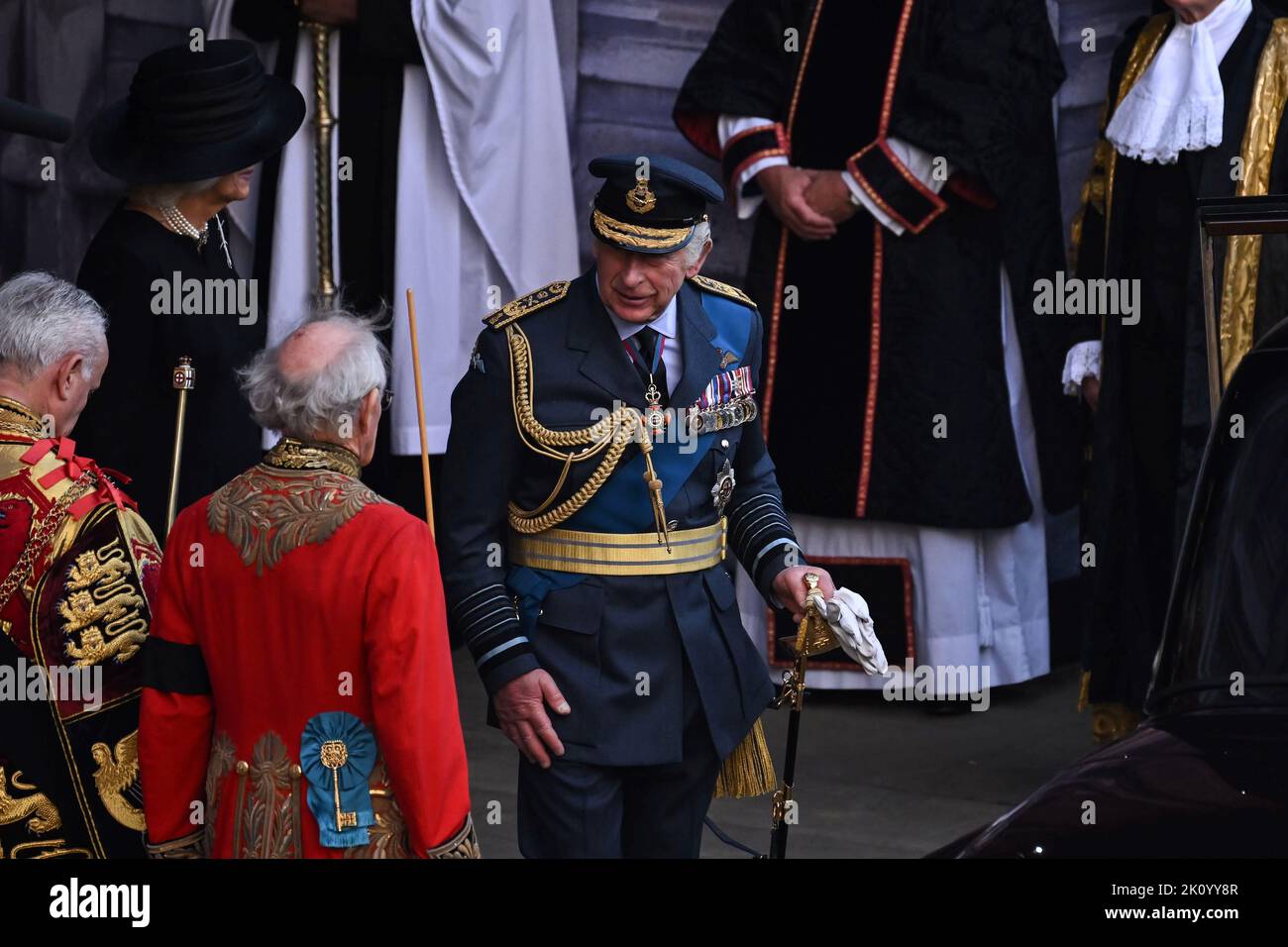 King Charles III and the Queen Consort after a service for the ...