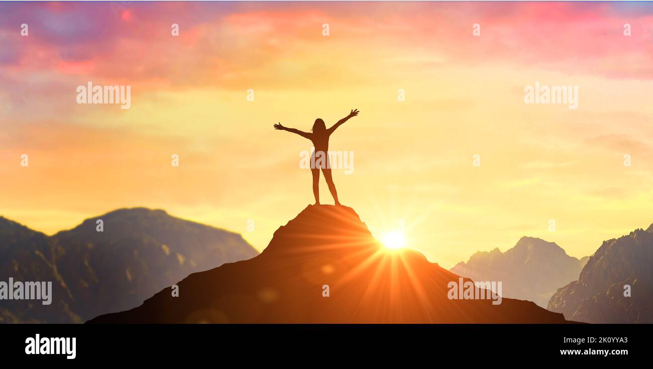 Success Business Leadership, Winner on top. Success. Silhouette woman ...