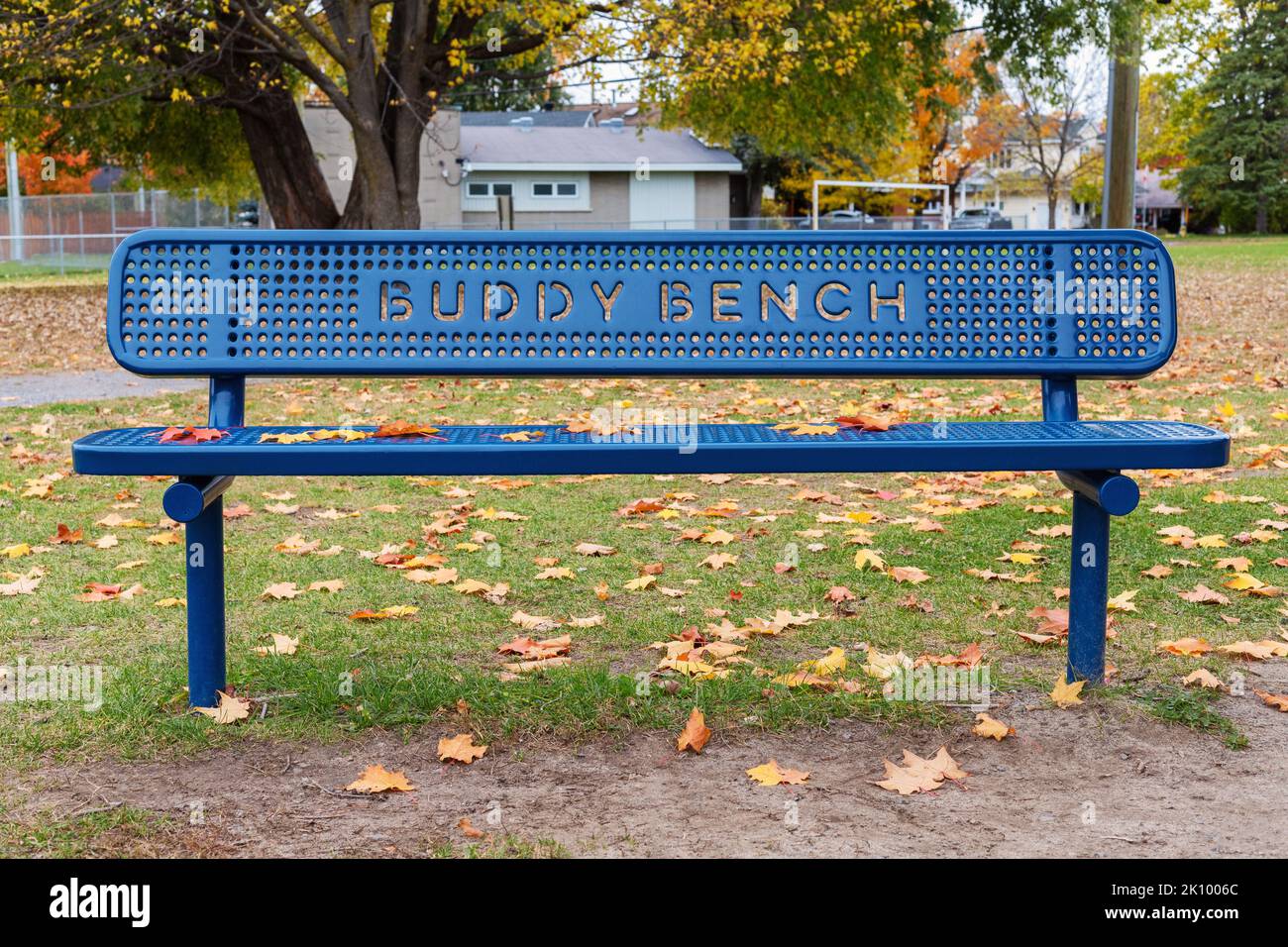 Blue buddy bench in the public park near school in autumn Stock Photo ...