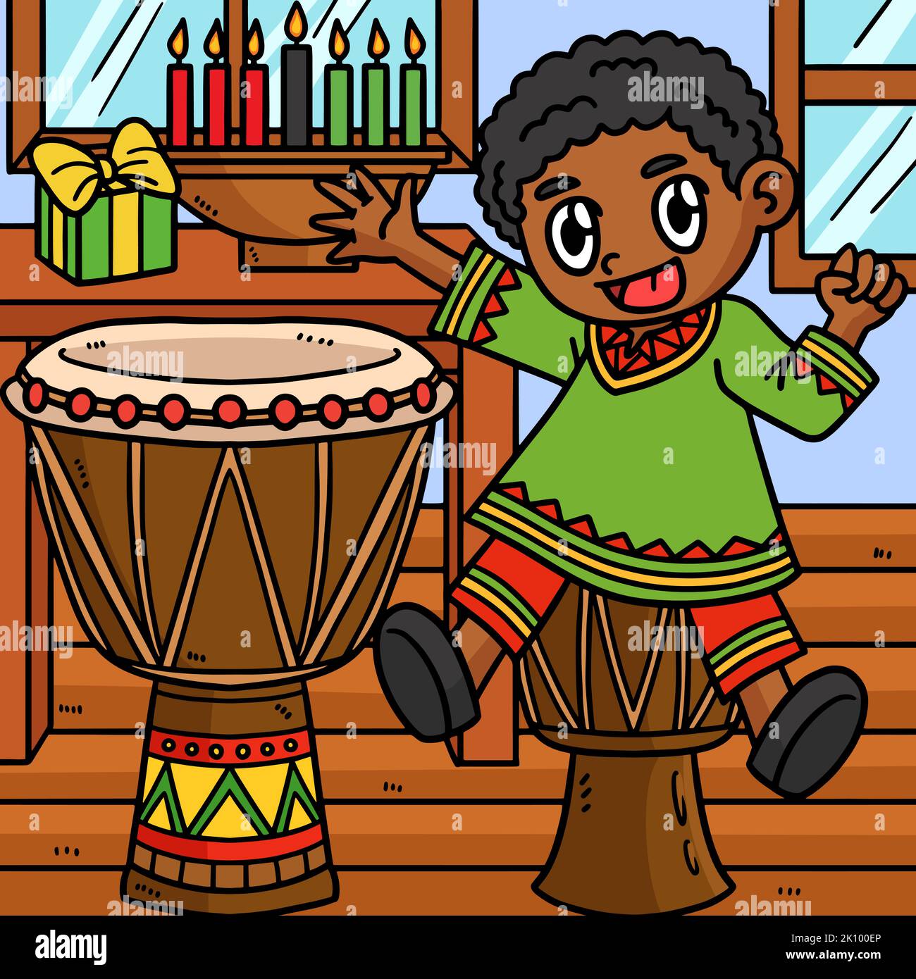 Kwanzaa Child Playing Djembe Colored Cartoon Stock Vector Image & Art ...