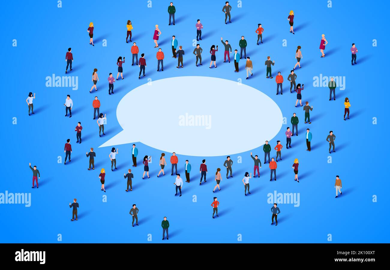 Large group of people standing around chat bubble symbol. Vector ...