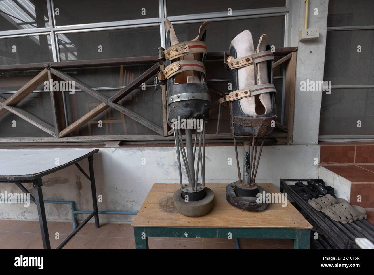 Old prosthetic legs built for Mosha, a 16 year old elephant that lost a ...