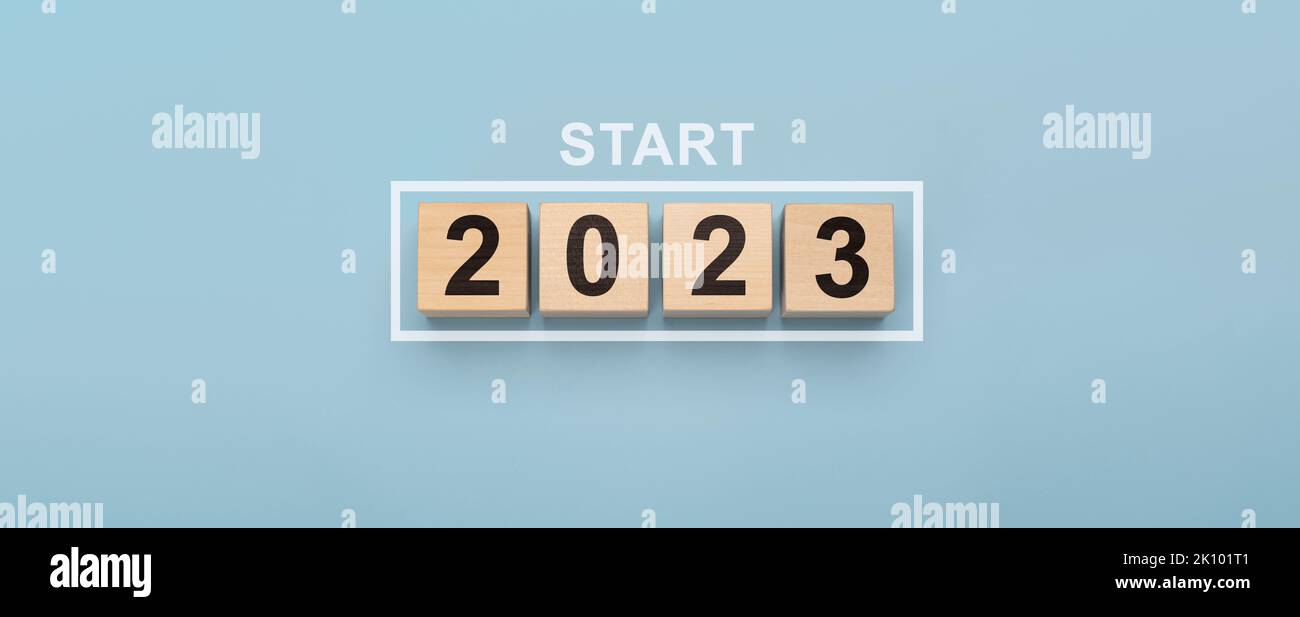 2023 New Year . progress Bar with wooden blocks 2023 on blue background ...