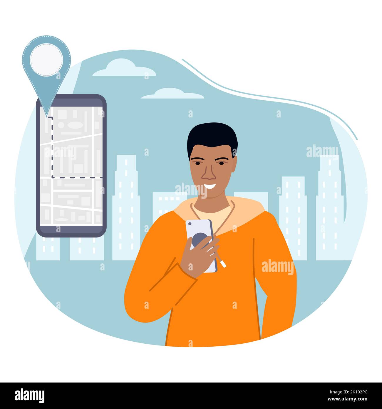 Vector illustration Man using maps app on cell phone. Male trying to ...