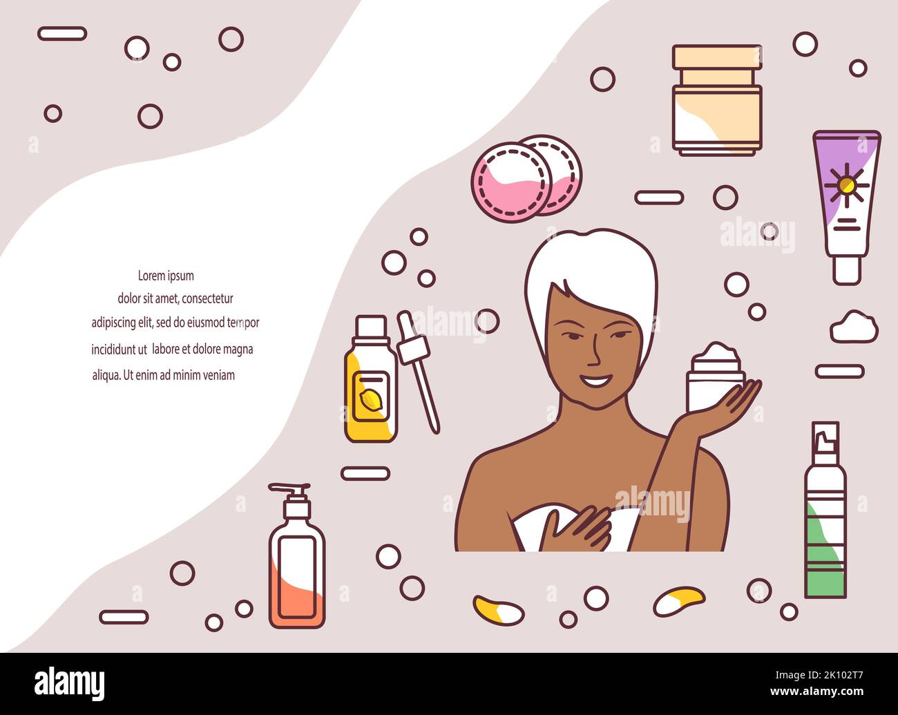 Vector illustration Cosmetic products ad, skin care ad. Woman applying ...