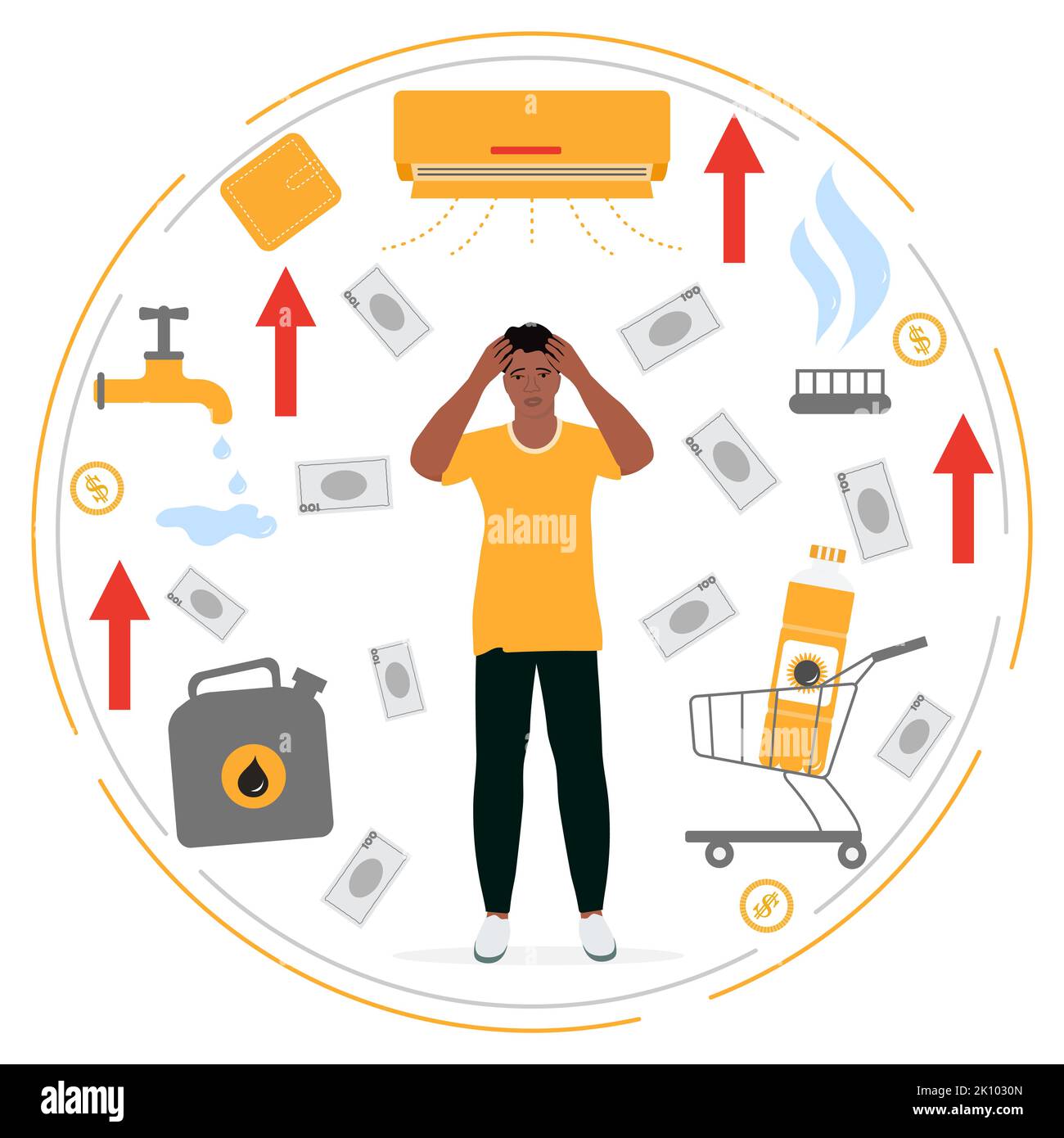 Vector illustration Man is upset. Rising prices. High prices of natural ...