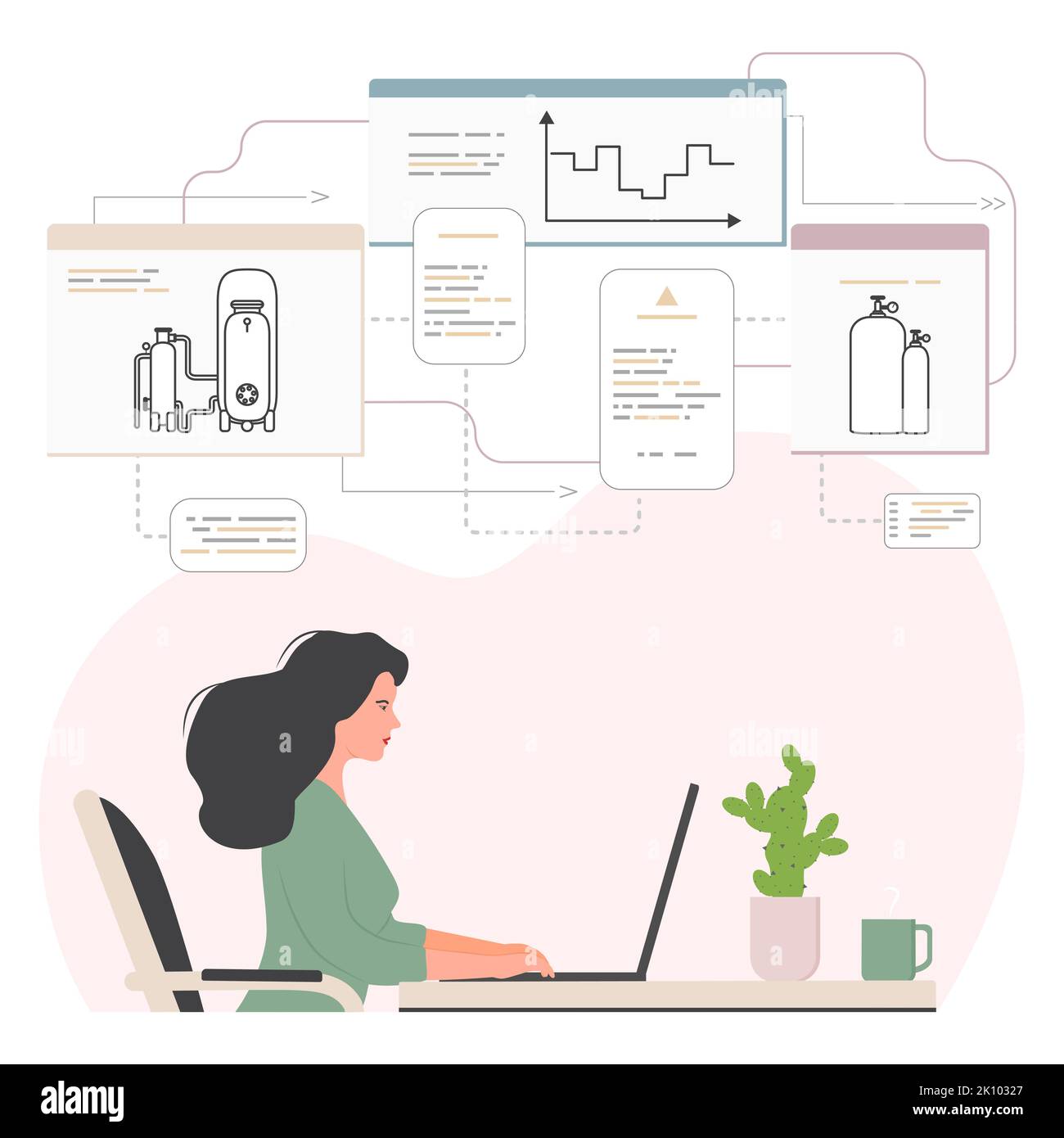 Vector illustration Girl working at computer. Global Logistics service ...