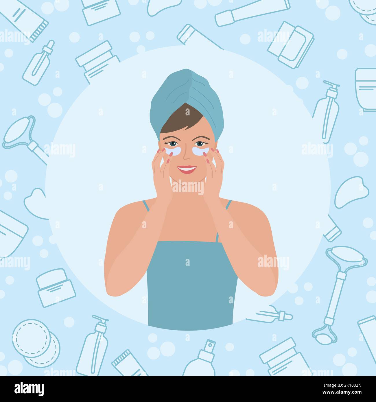 Vector illustration Beauty procedures at home. Woman with eye pads ...