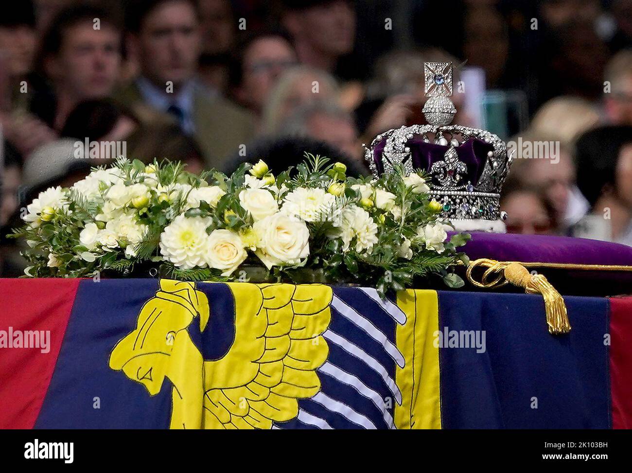The coffin of Queen Elizabeth II, draped in the Royal Standard with the ...
