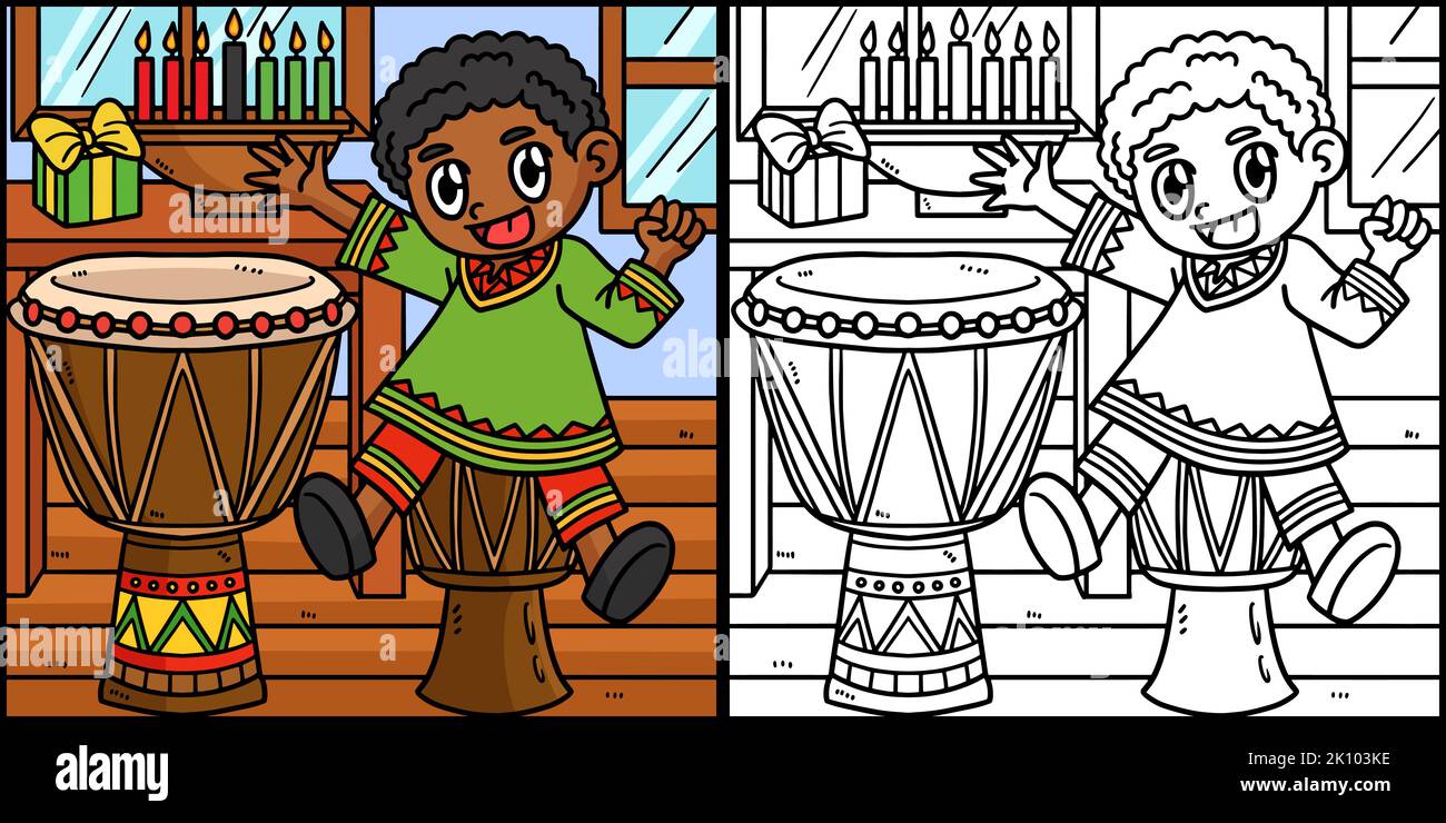 Kwanzaa Child Playing Djembe Coloring Illustration Stock Vector Image ...