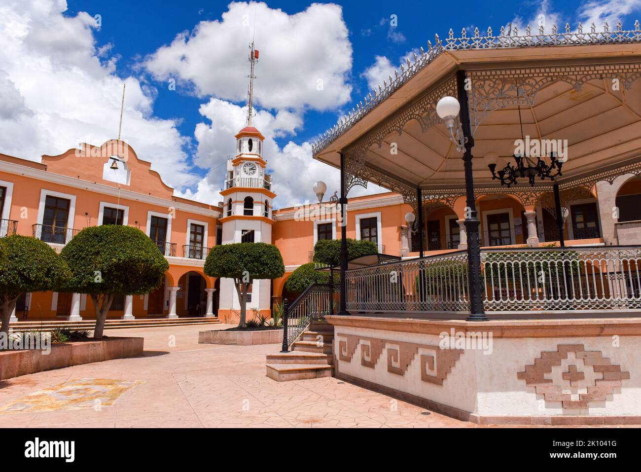 The main square and city hall of the town of Mitla, Oaxaca state ...