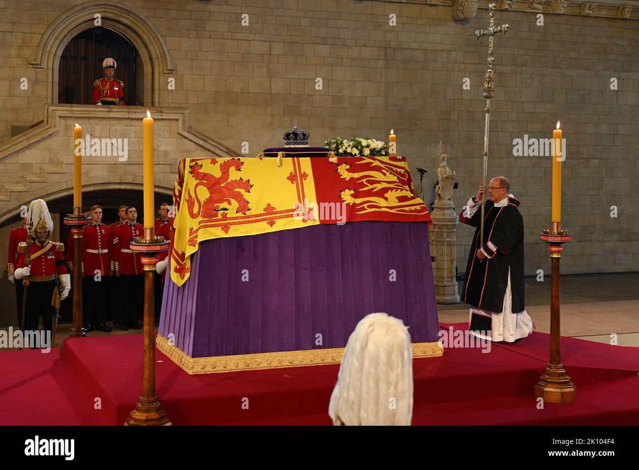The coffin of Queen Elizabeth II, draped in the Royal Standard with the ...