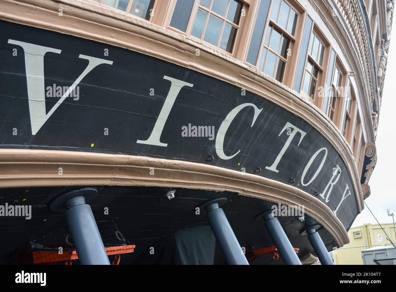 Stern of HMS Victory showing the name below the Captain's quarters ...