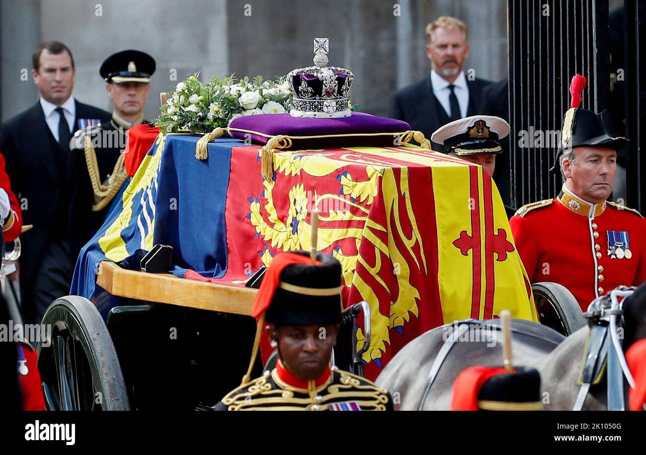 The coffin of Queen Elizabeth II, draped in the Royal Standard with the ...
