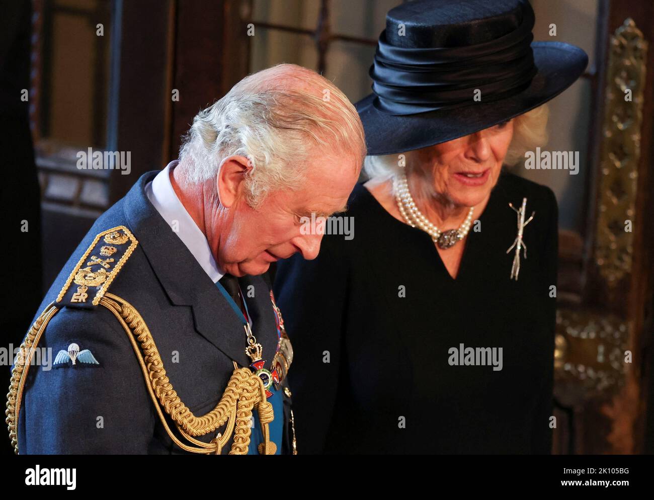 King Charles III and the Queen Consort during the arrival of the coffin ...