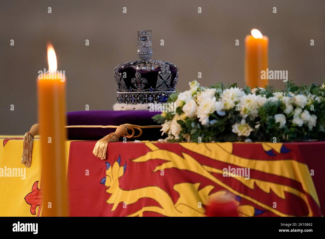 The coffin of Queen Elizabeth II, draped in the Royal Standard with the ...