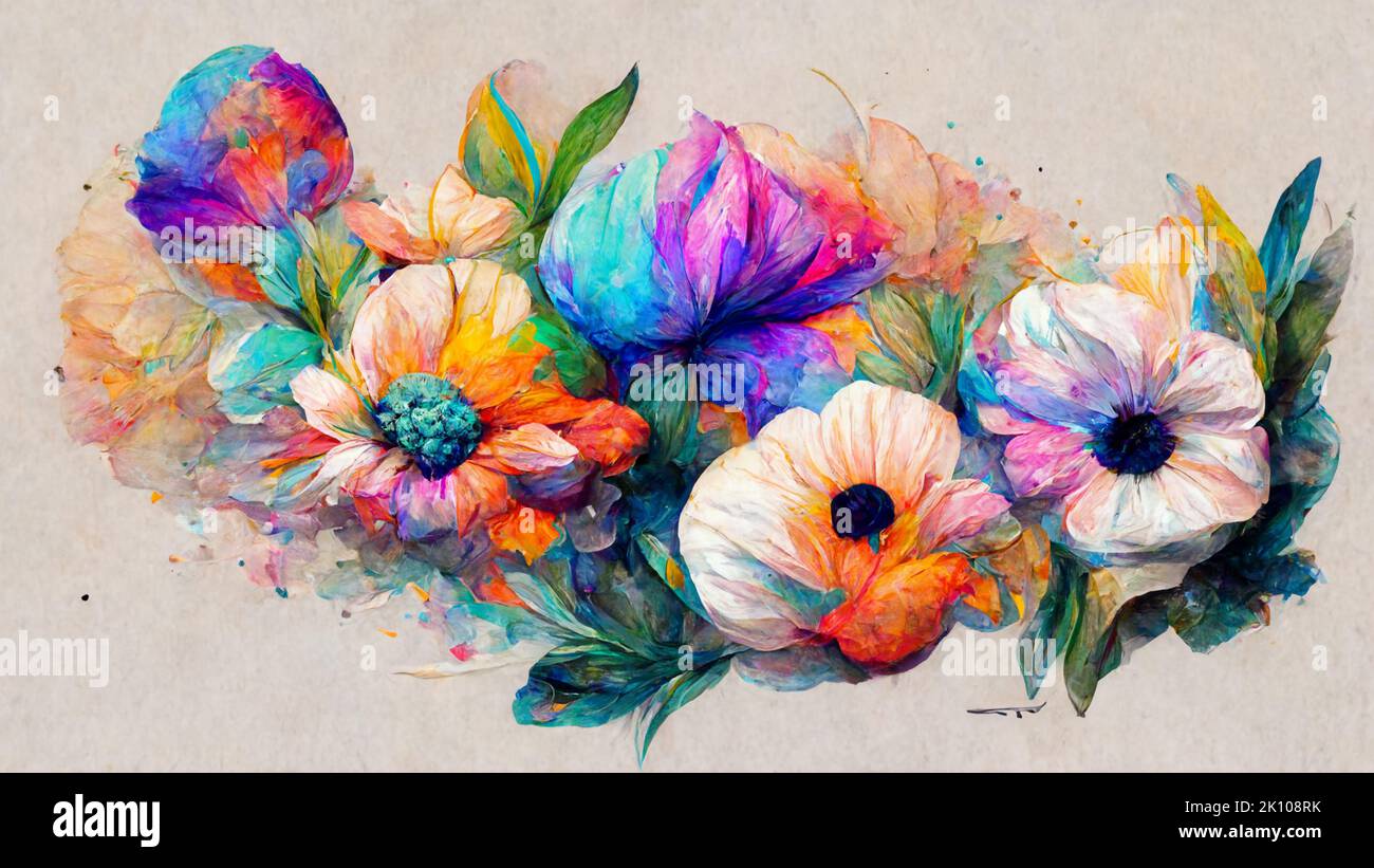 Multicolor flowers watercolor background wallpaper Stock Photo - Alamy