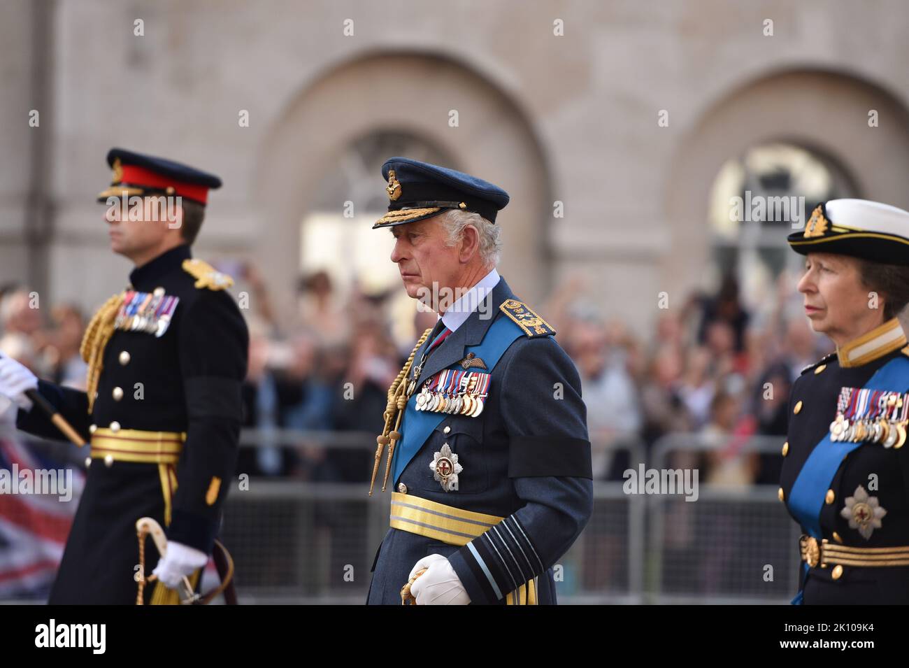 London, England, UK. 14th Sep, 2022. KING CHARLES III and his siblings walked behind the Queen's ...