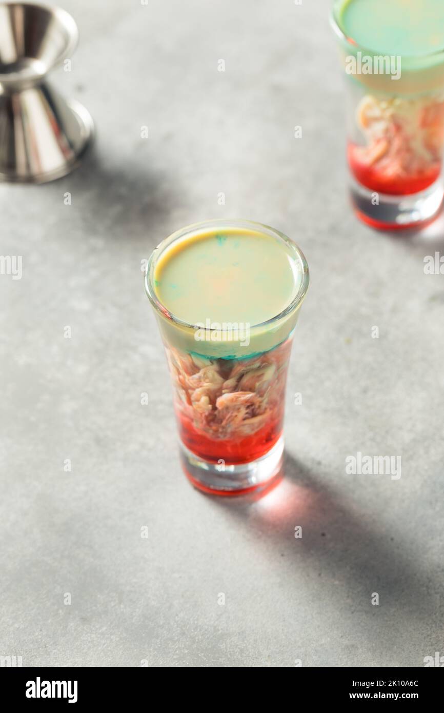 Boozy Alien Brain Hemorrhage Shot Cocktail for Halloween Stock Photo ...