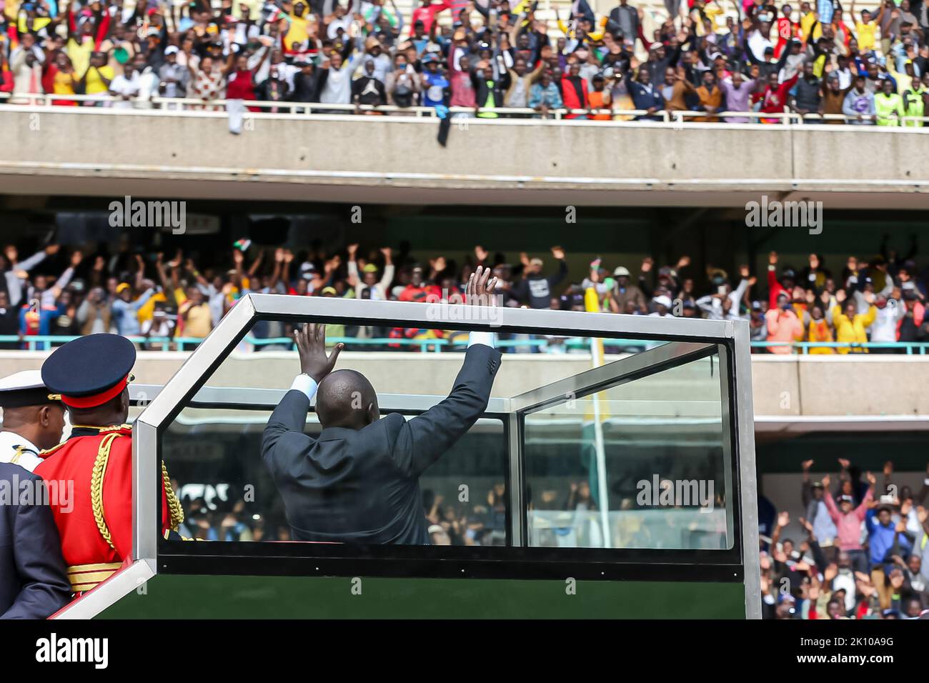 The 5th President of the Republic of Kenya Dr. William Ruto (C) waves to the Kenyans who had ...