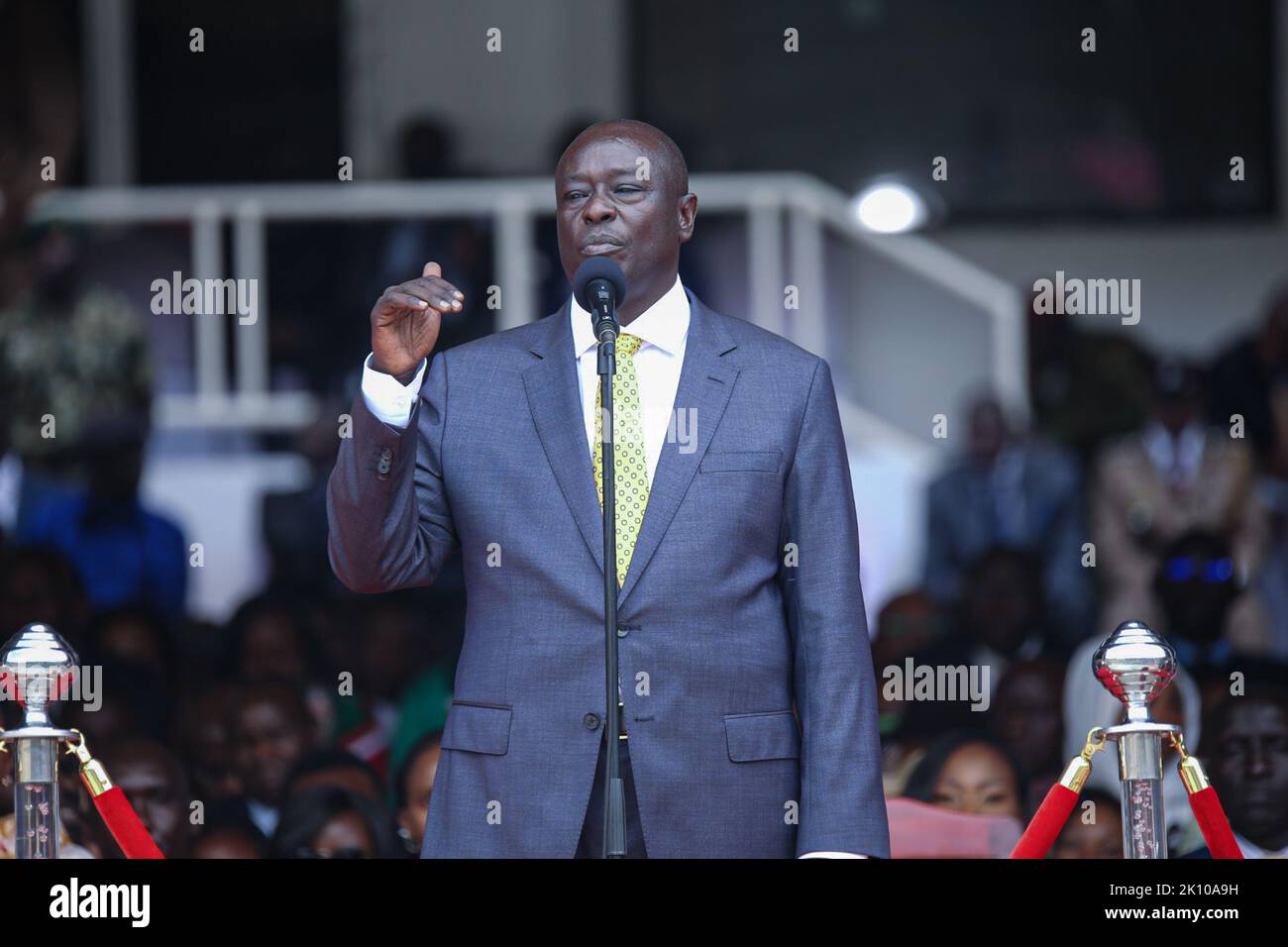 The President of the Republic of Kenya Rigathi Gachagua gives his inaugural speech at the Moi ...