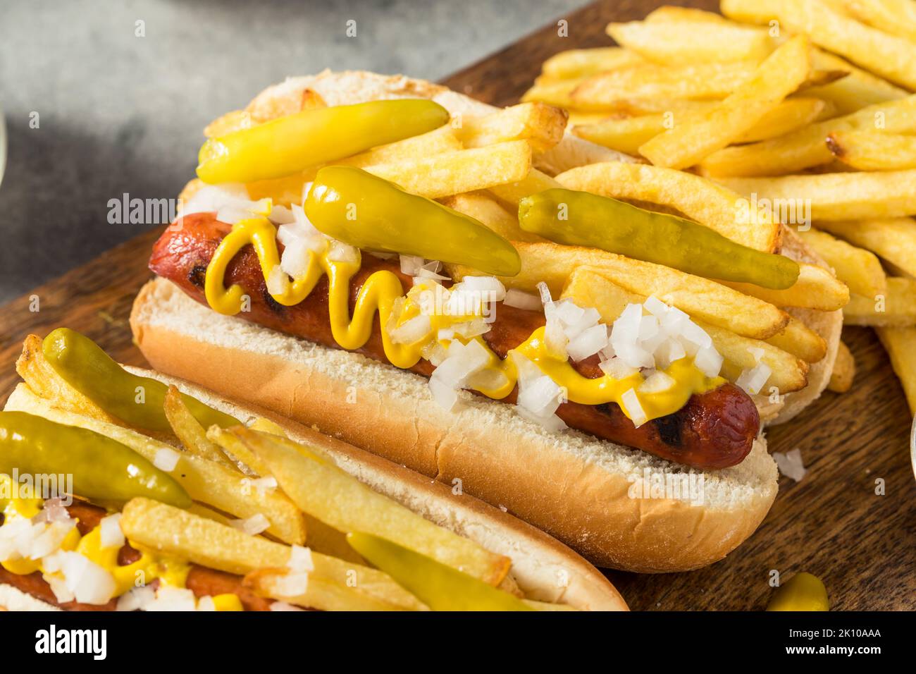 Homemade Chicago Style Depression Dog with Fries Mustard Peppers and ...