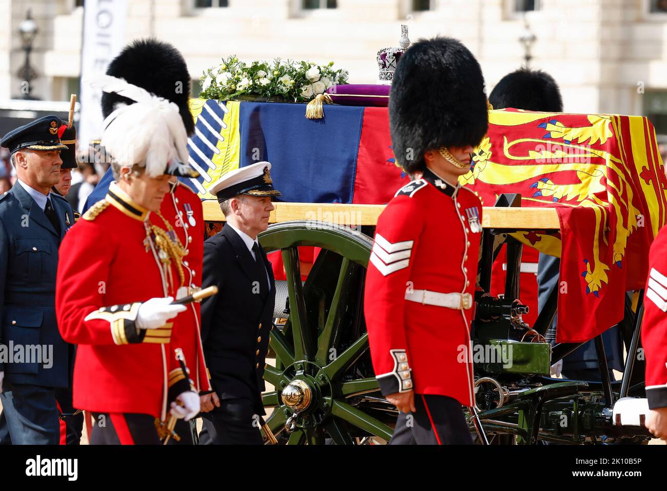 The coffin of Queen Elizabeth II, draped in the Royal Standard with the ...