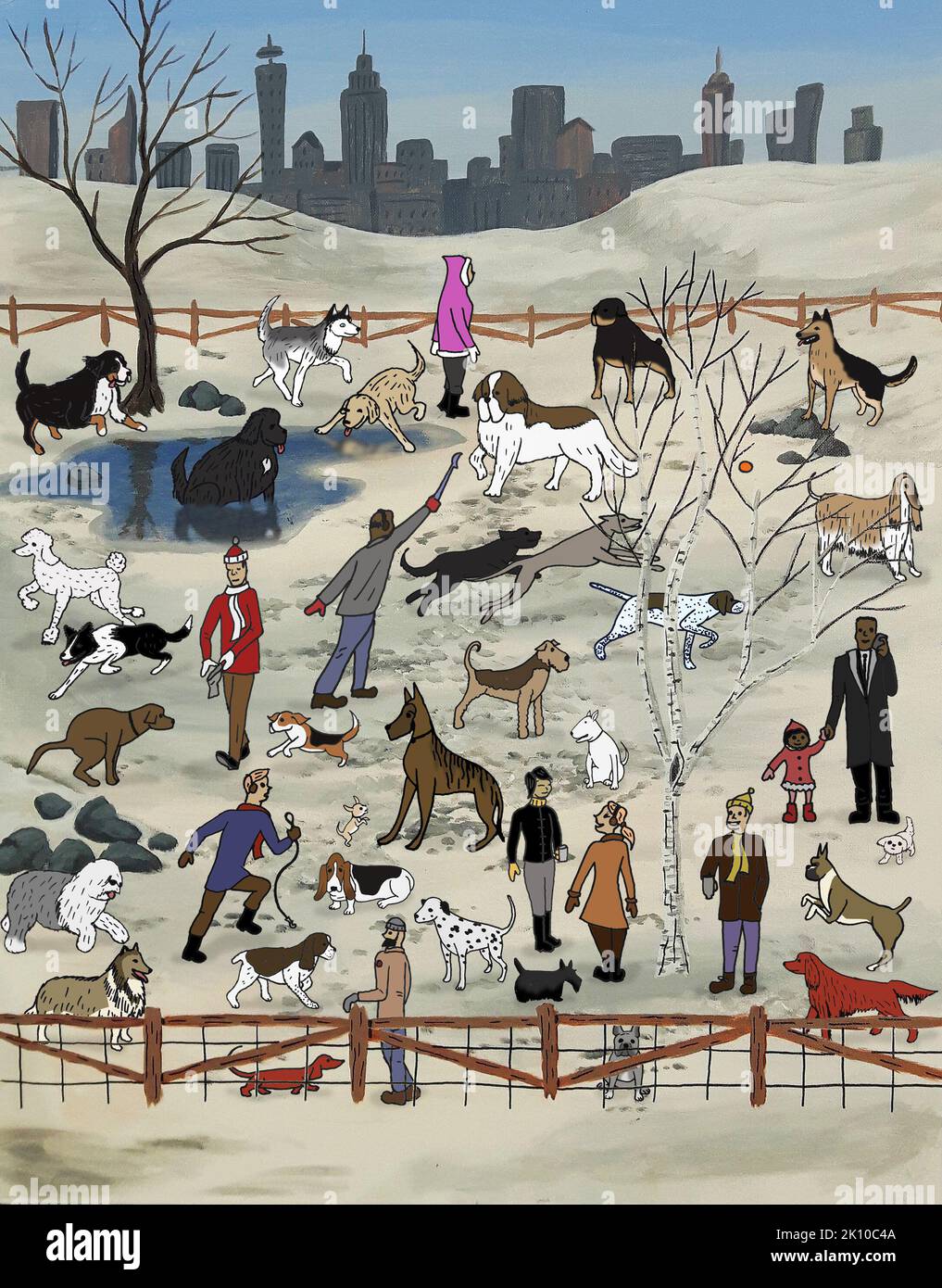 Fun cartoon of a large variety of dogs and their owners running around ...