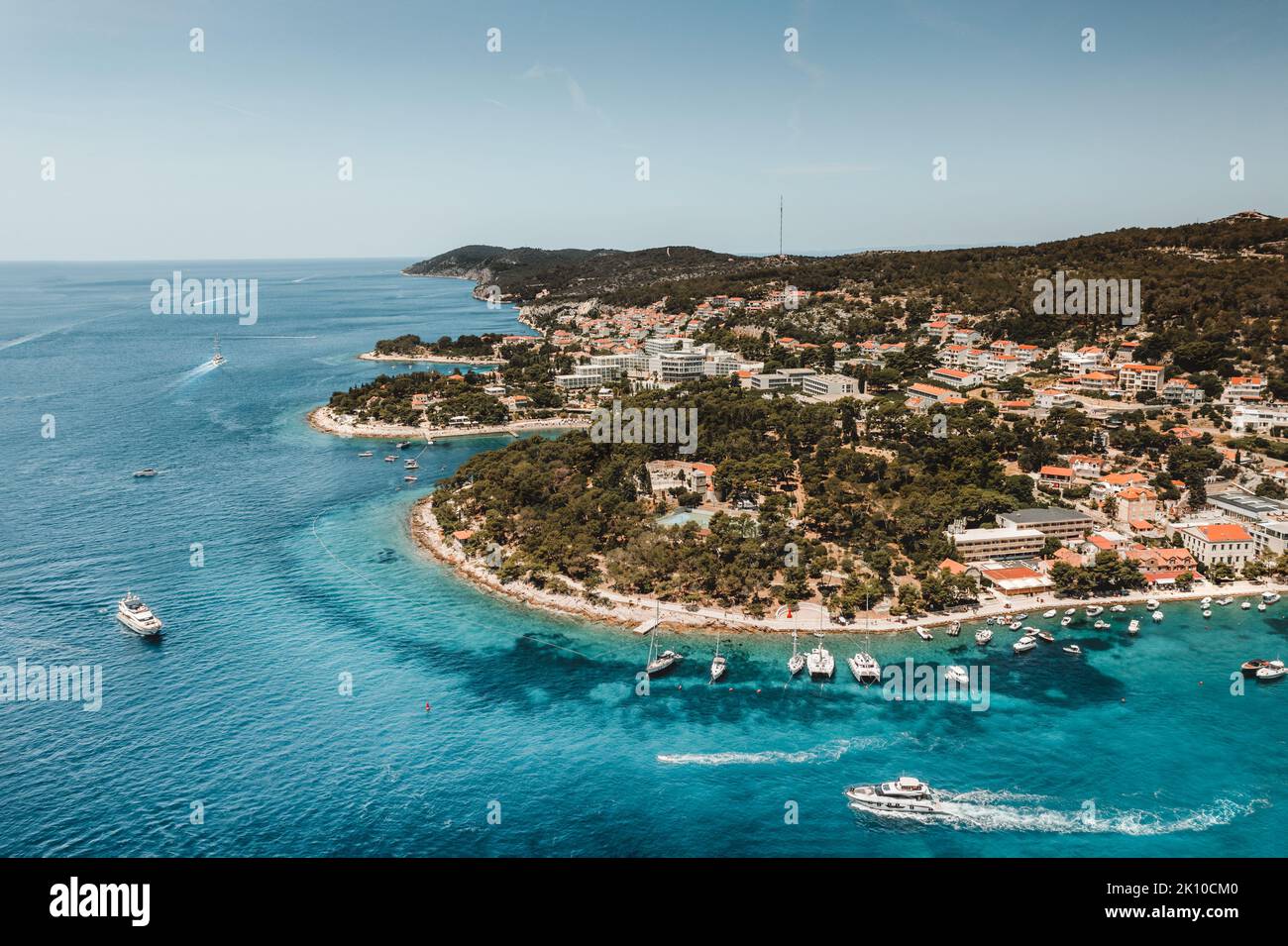 Aerial view of Hvar Island, Croatia. Turquise water bays with luxury ...