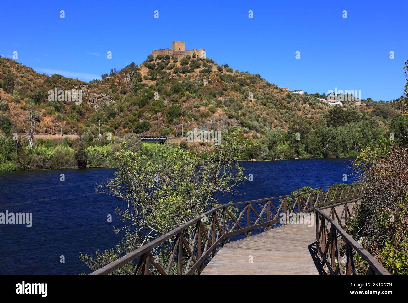 The medieval Belver Castle overlooks the River Tagus - Rio Tejo, Gaviao ...