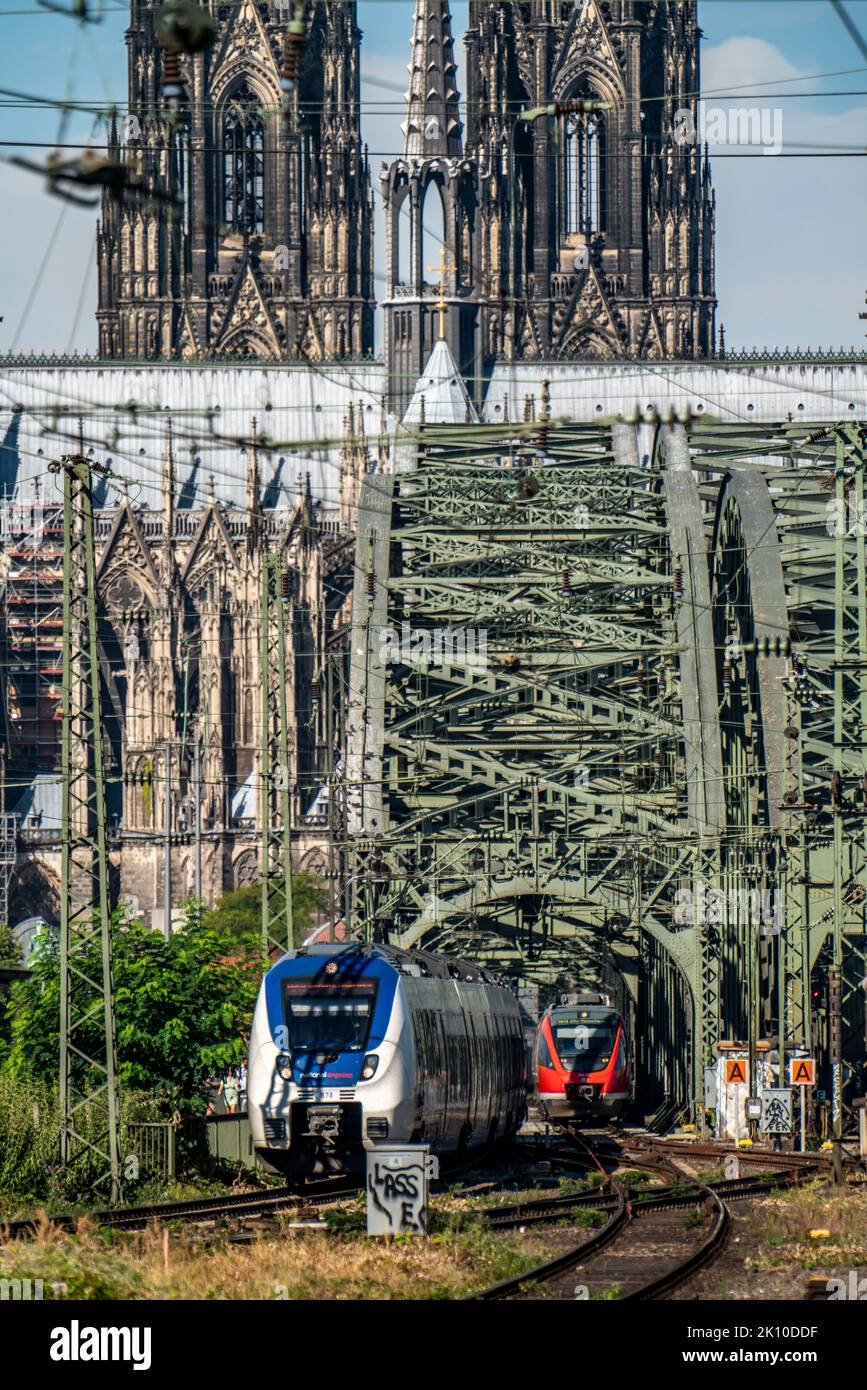 The Hohenzollern Bridge, railway bridge over the Rhine near Cologne, in ...